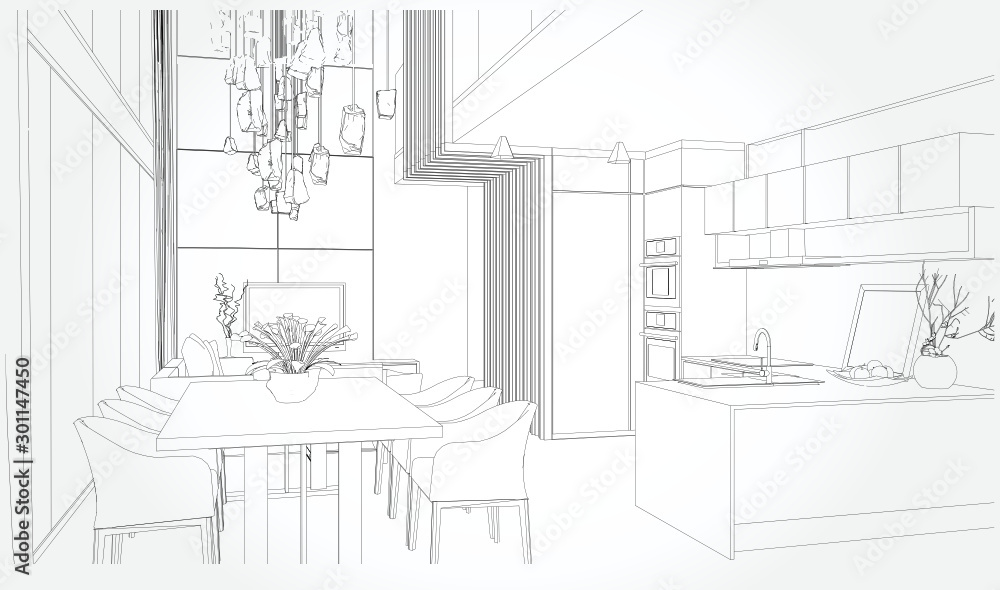Linear sketch of an interior. Sketch Line dining room . Vector ...