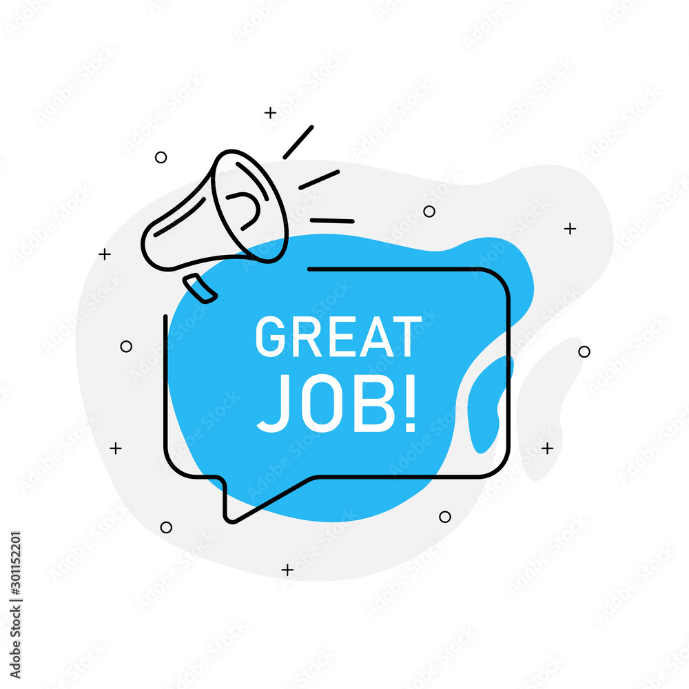 Great job of marketing design badge with loudspeaker blue color. Vector ...