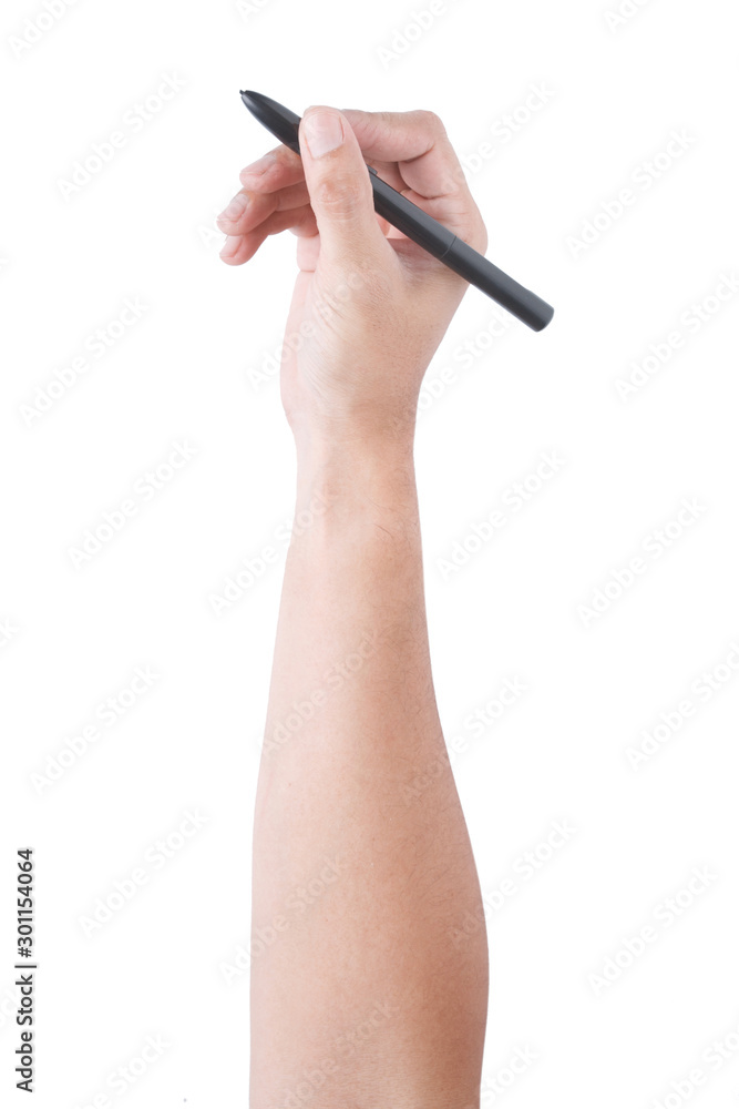 Hand Holding Pen. Writing hand. male hand hold black pen write on the ...
