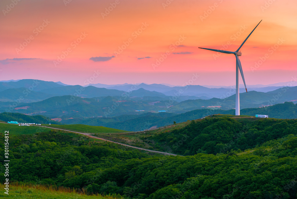 Sunrise The wind turbine field,seoul korea. Stock Photo | Adobe Stock