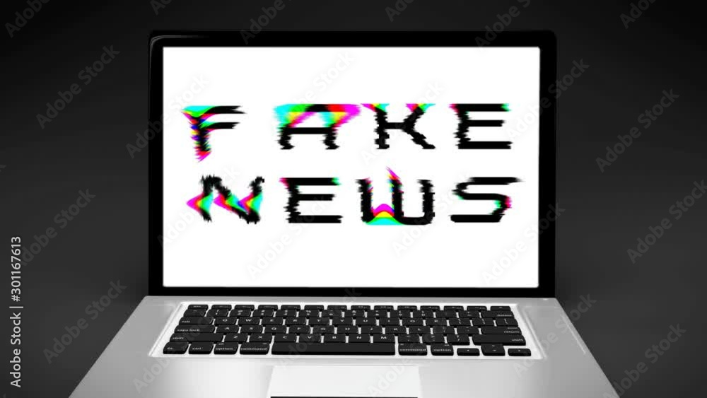 FAKE NEWS screen on laptop computer portable, 3D pixel interferences ...