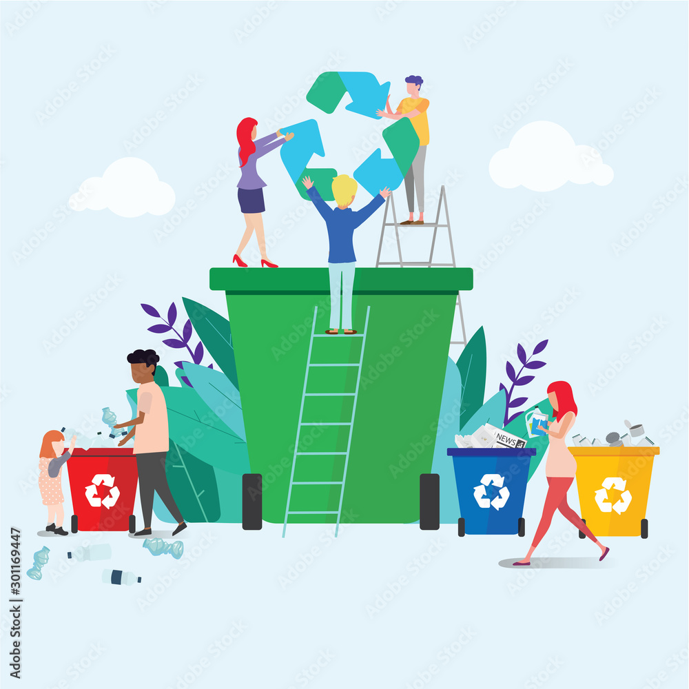 Recycling garbage People sorting each type of garbage into the trash ...