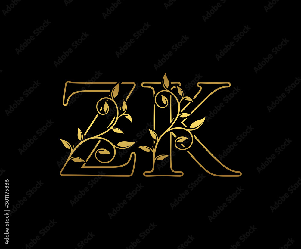 Golden letter Z and K, ZK vintage decorative ornament emblem badge ...
