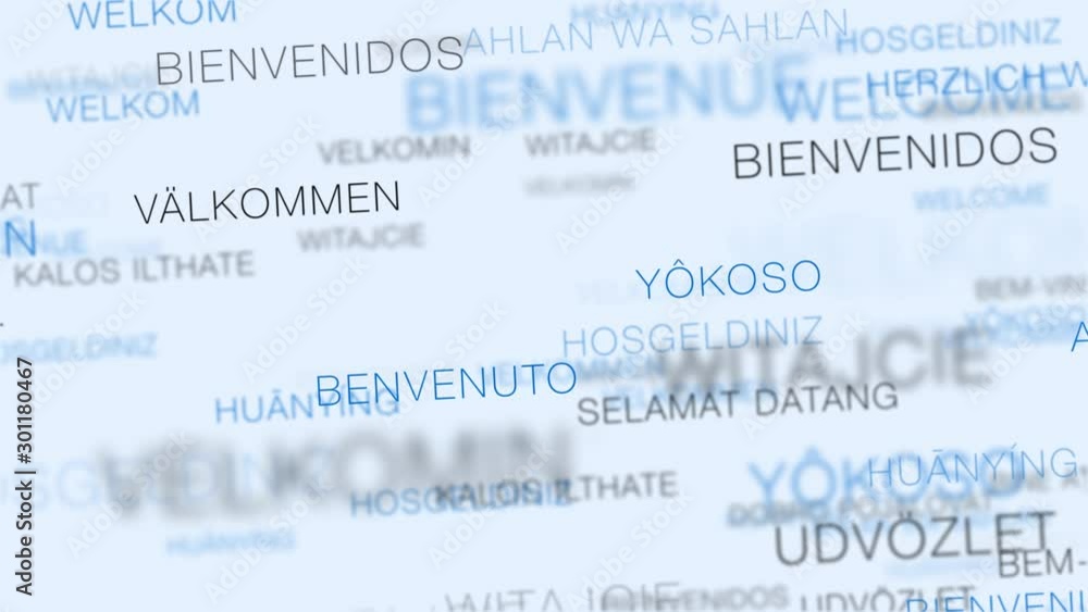 Welcome In Multiple Languages Word Cloud Flythrough Loop. Abstract ...
