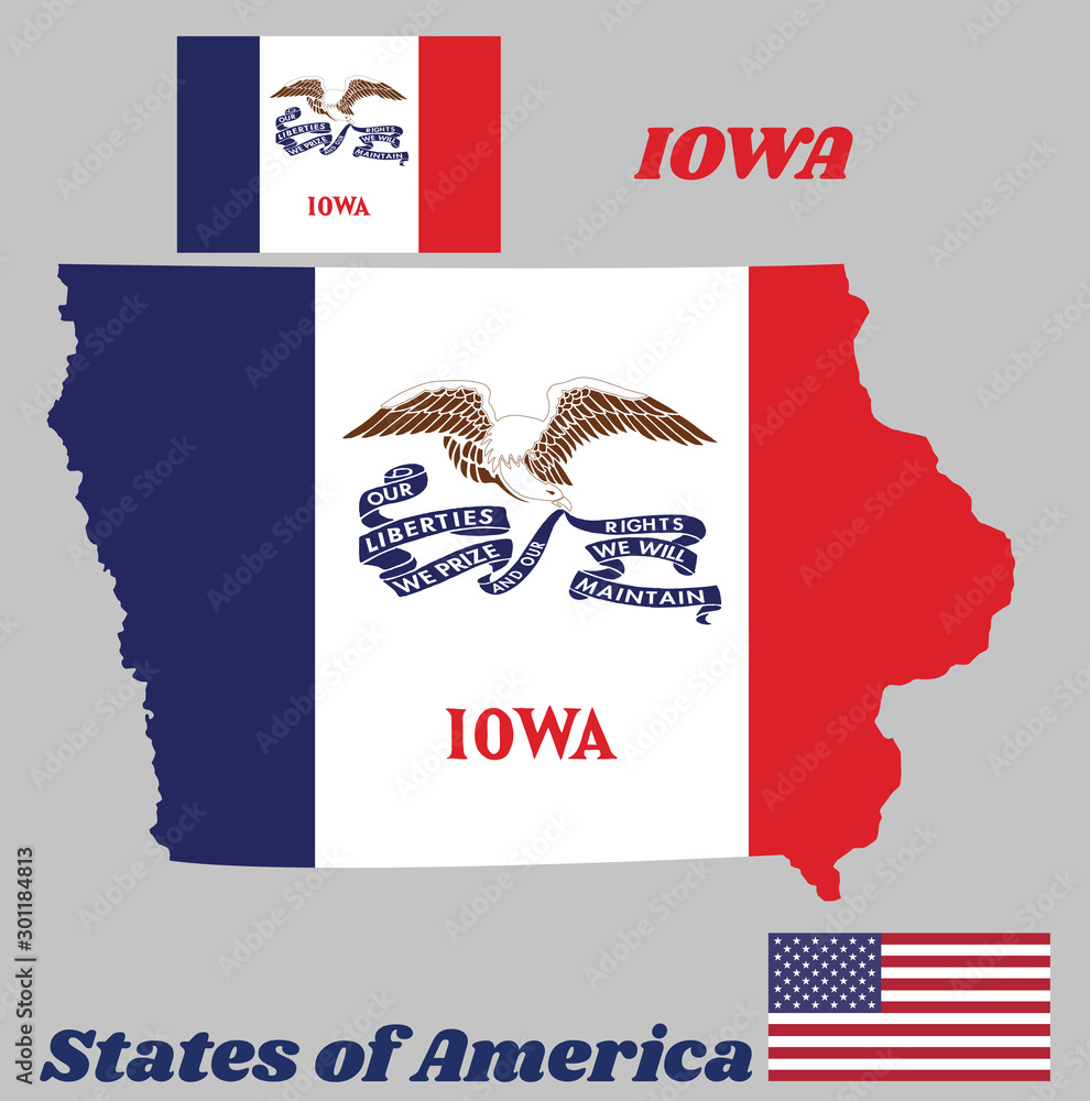 Map outline and flag of Iowa, a vertical tricolor of blue white and red ...