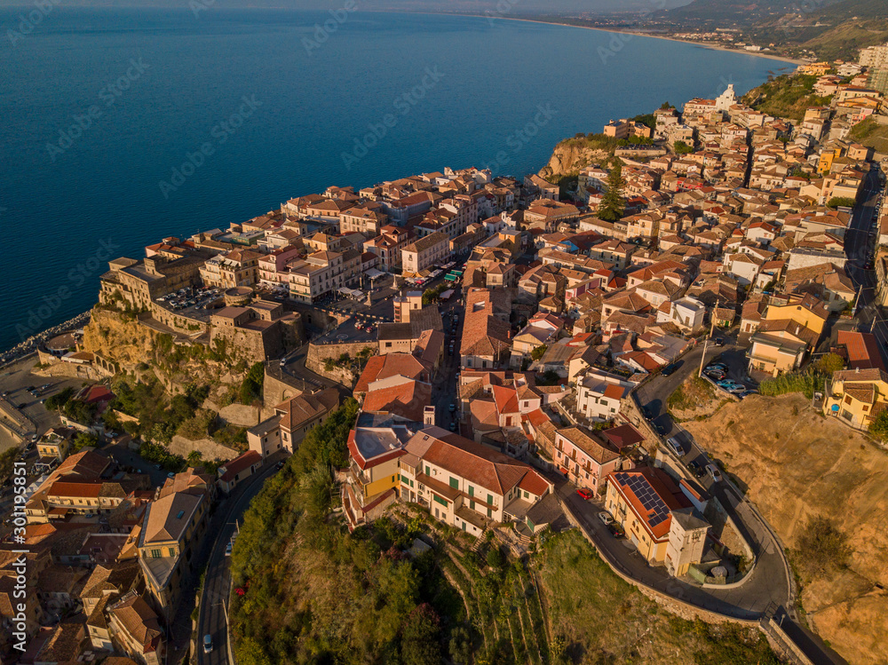 Aerial view of Pizzo Calabro, pier, castle, Calabria, tourism Italy ...