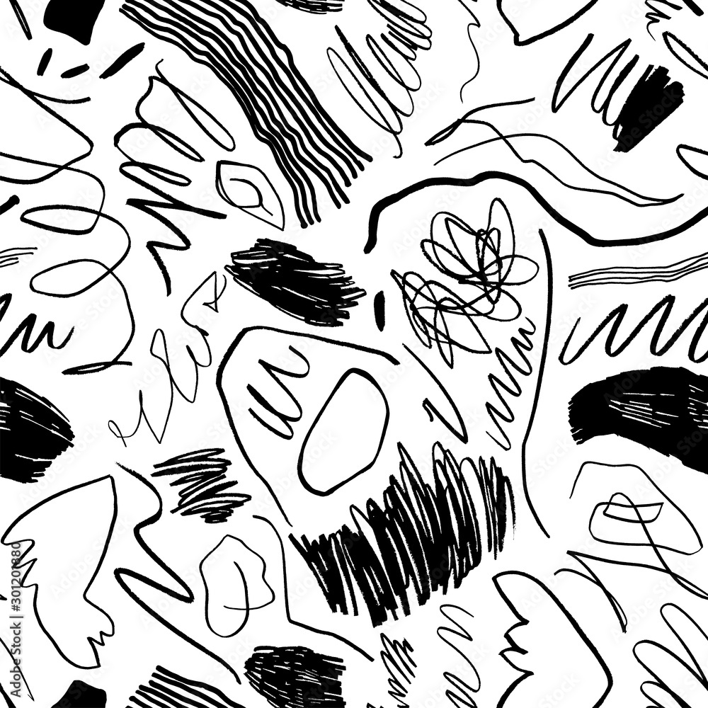 Squiggles and scrawls hand drawn seamless pattern. Chaotic shapes and ...