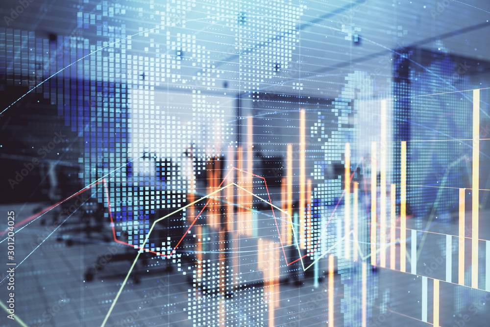 Stock and bond market graph and world map with trading desk bank office ...