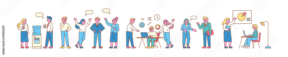 Business people, teamwork line art vector horizontal banner. People ...