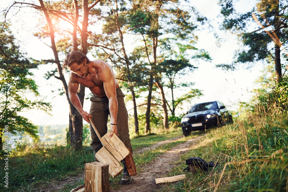 Woodsman with an axe cutting wood. Handsome shirtless man with muscular ...