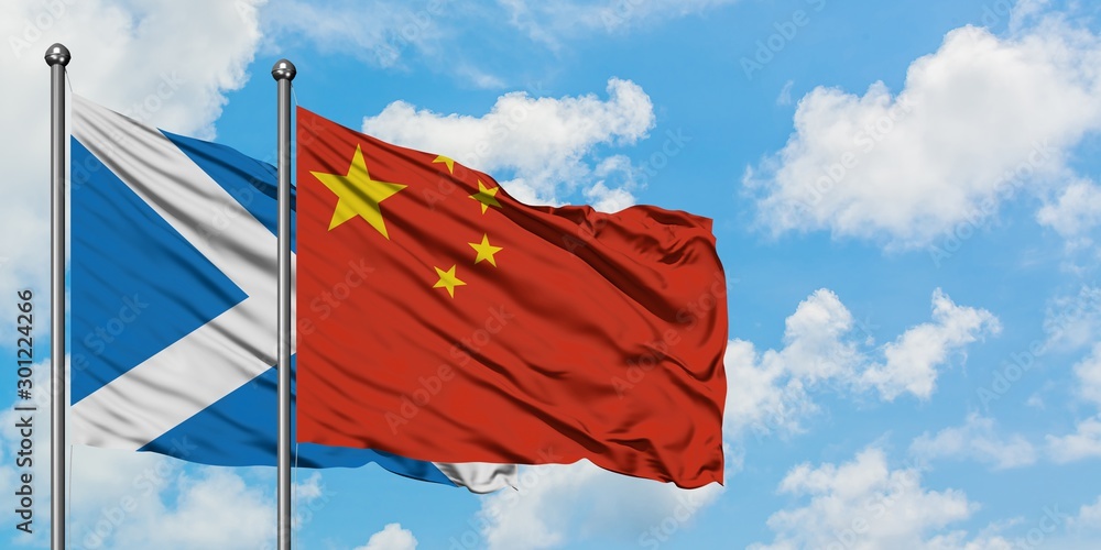 Scotland and China flag waving in the wind against white cloudy blue ...