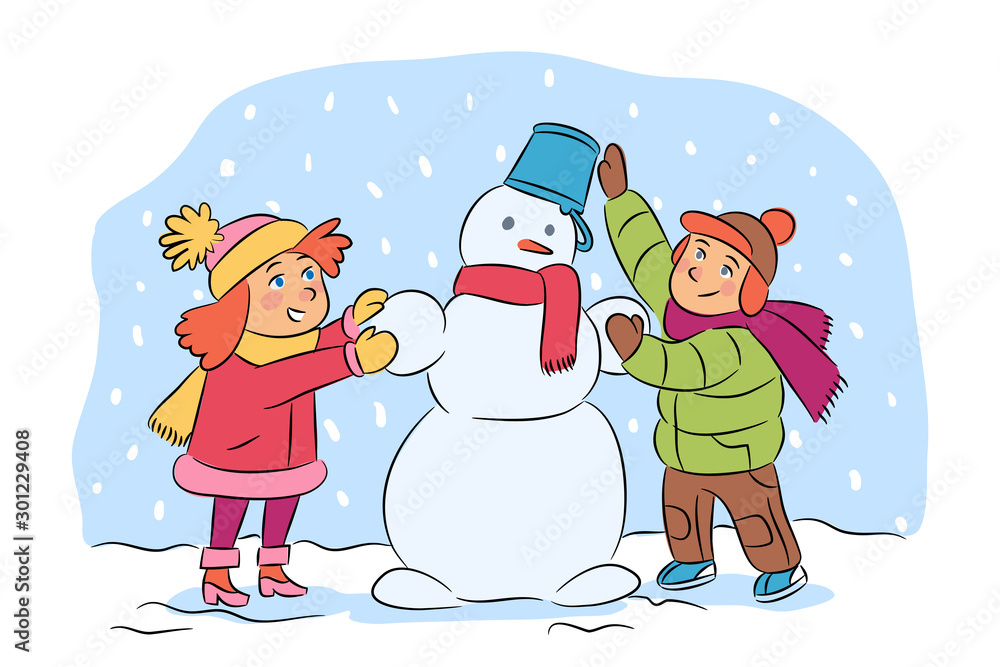 Winter outdoor recreation flat illustration. Wintertime games and ...