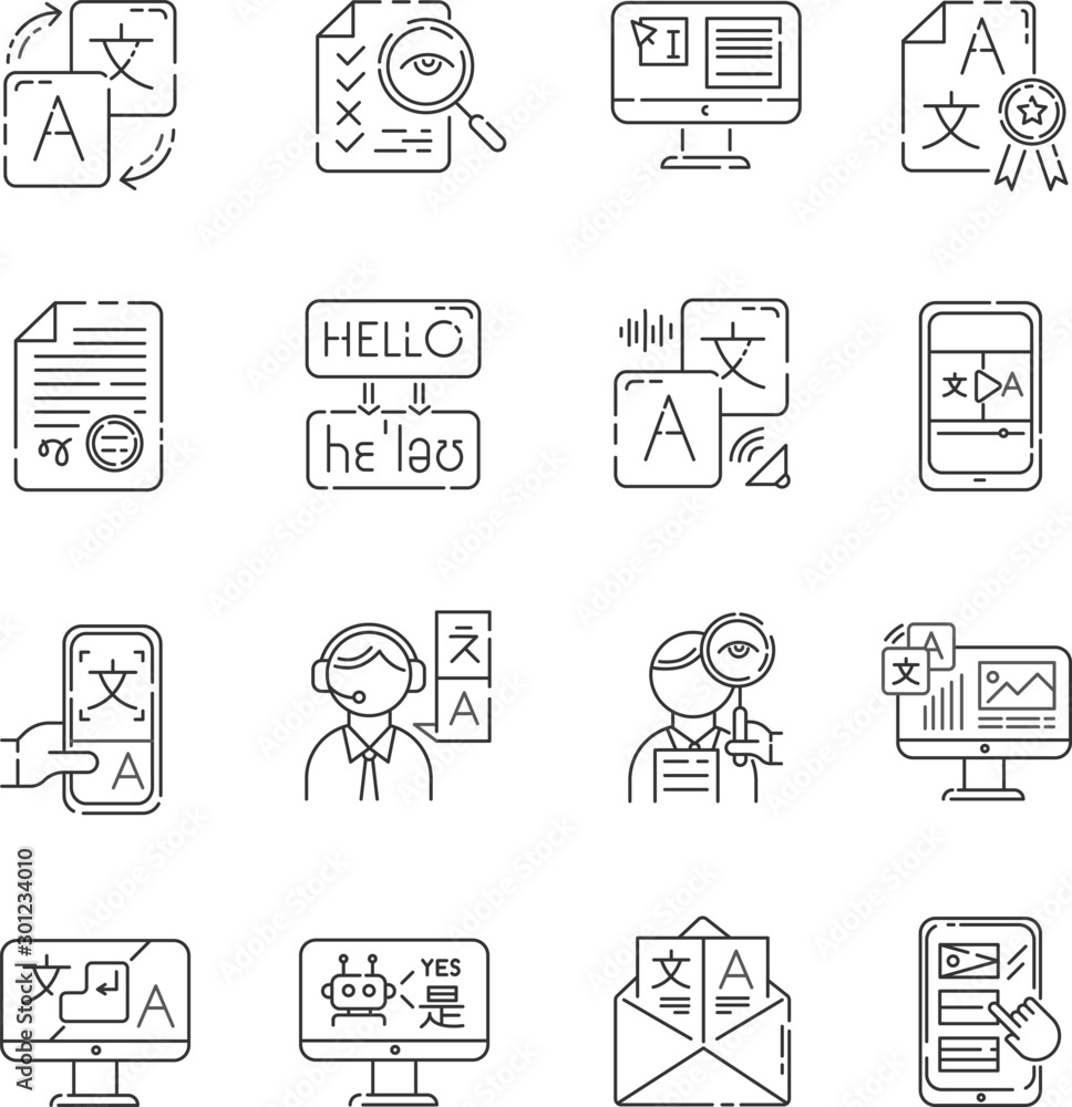 Language translation service linear icons set. Multilingual chatbot ...