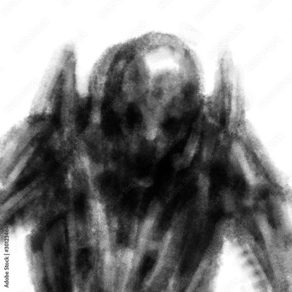 Dangerous alien sketch. Black and white abstract background in fiction ...