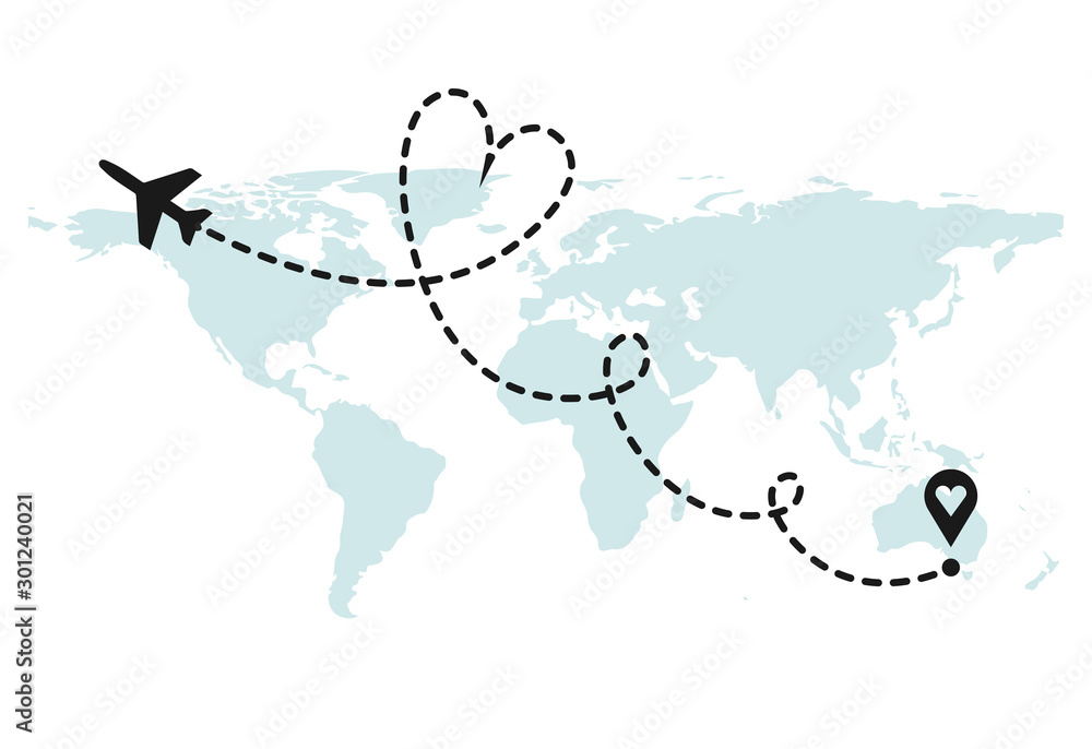 Vector love airplane route. Air plane flight route with start point and ...