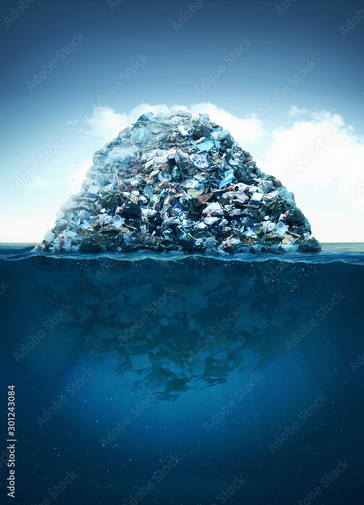 garbage iceberg in water, a large trash spot in the Pacific Ocean ...