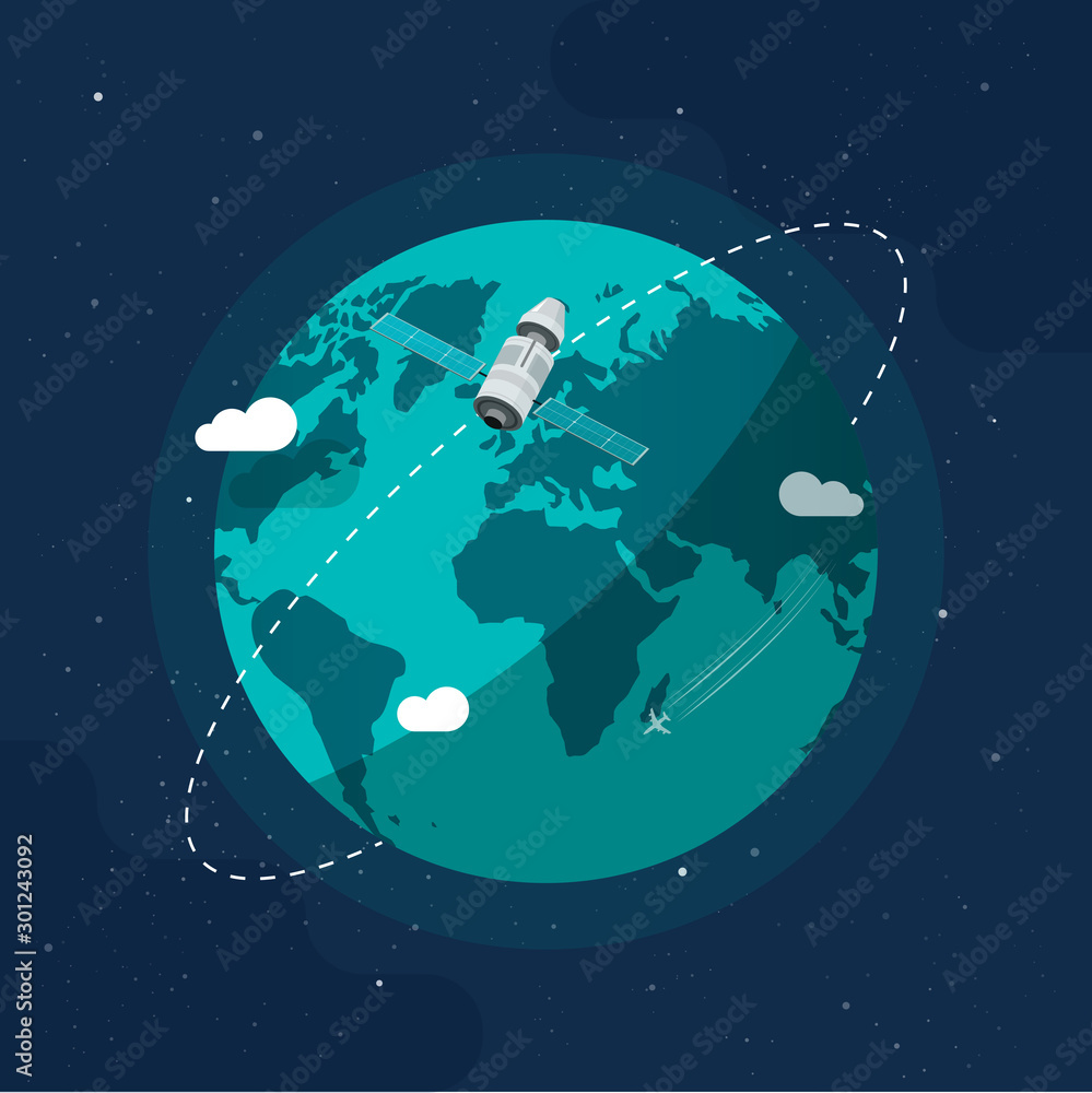 Earth in outer space vector illustration, flat cartoon satellite space ...