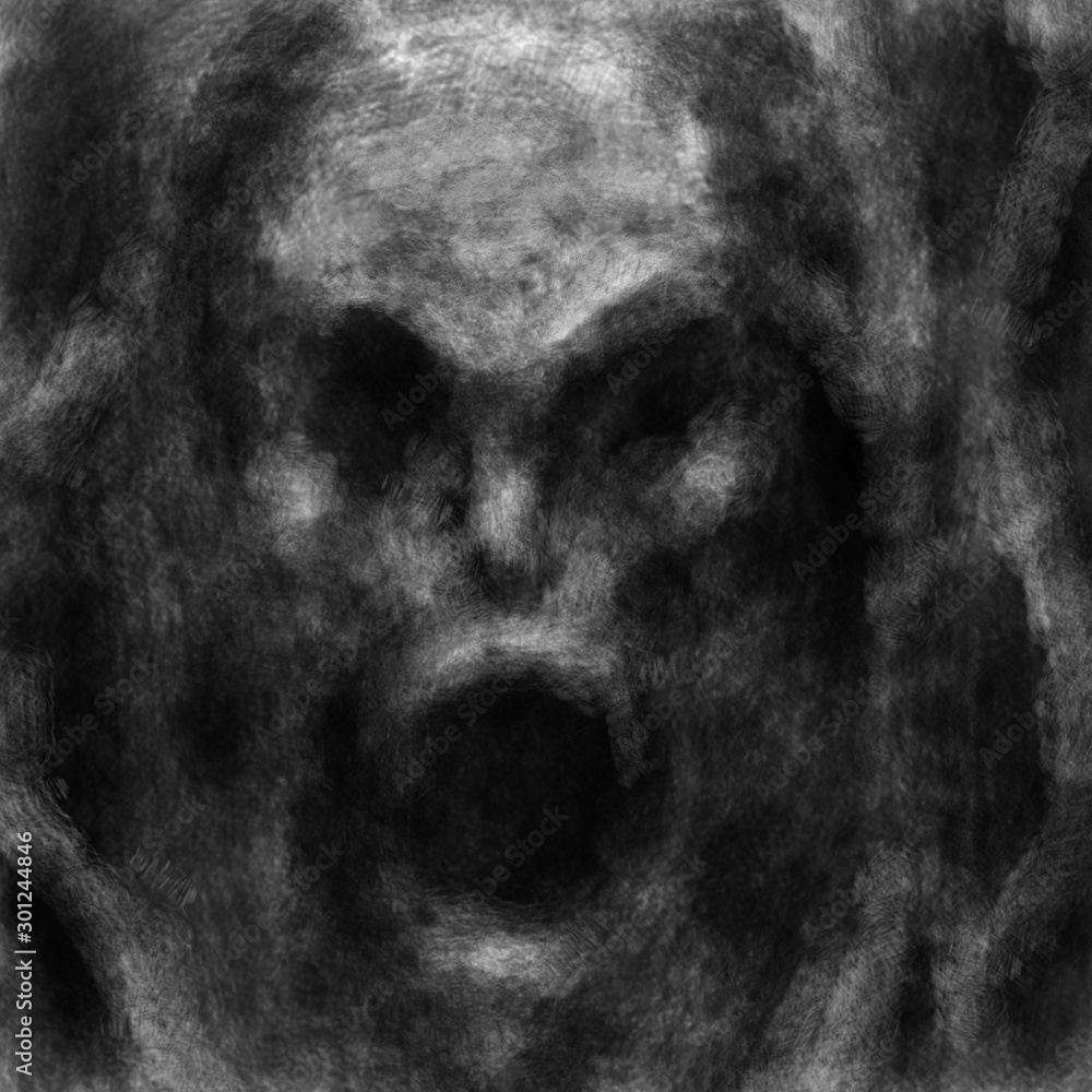 Scary ghost face with opened mouth. Black and white illustration in ...