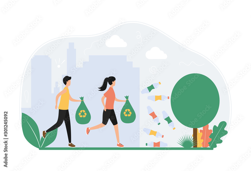 Concept plogging. Teenagers volunteers run in the park, collect garbage ... Concept plogging. Teenagers volunteers run in the park, collect garbage ...
