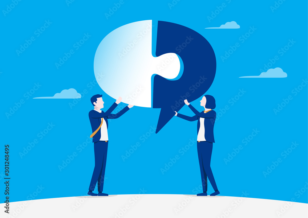 Cooperating ideas - two people collaborating with ideas. Talk bubble ...