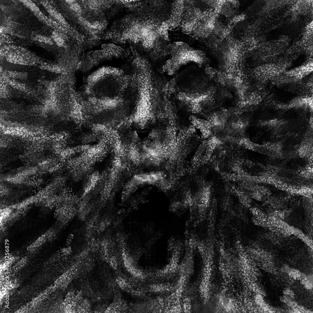 Exploding human face with opened mouth. Black and white illustration in ...