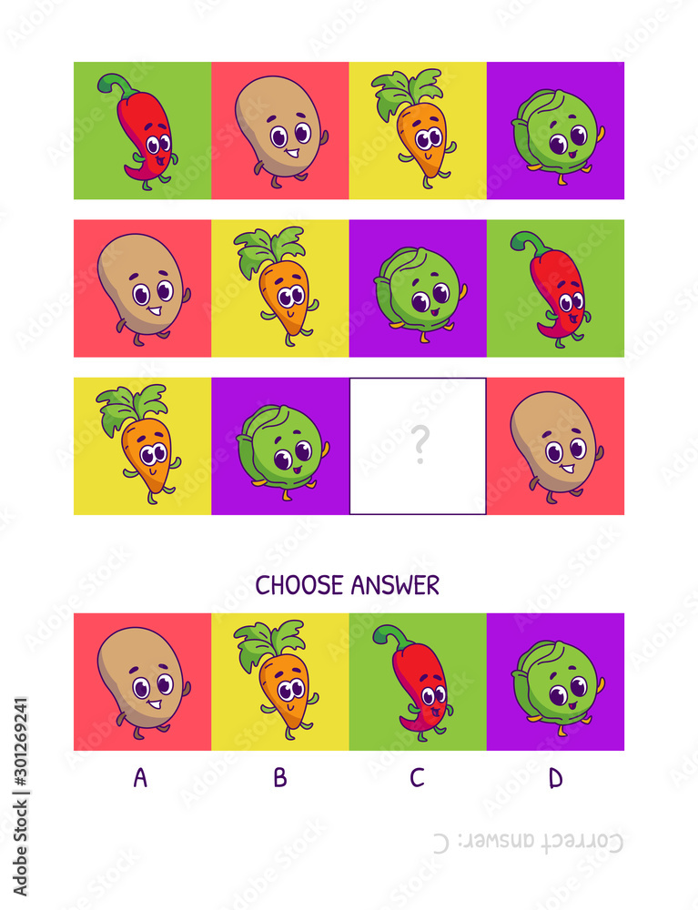 Cute pepper, potato, carrot, brussels sprouts. Logic game for children ...