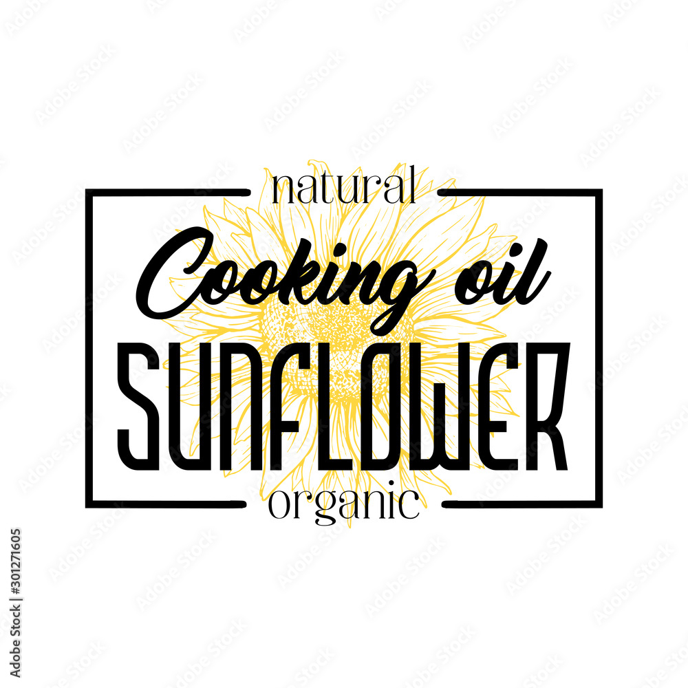 Sunflower oil vector hand drawn logo template. Yellow flower sketch in ...