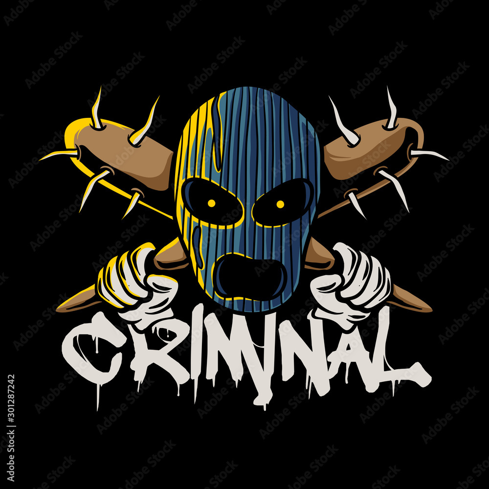 Thief mask holding baseball bat with nails. Crime mask illustration ...