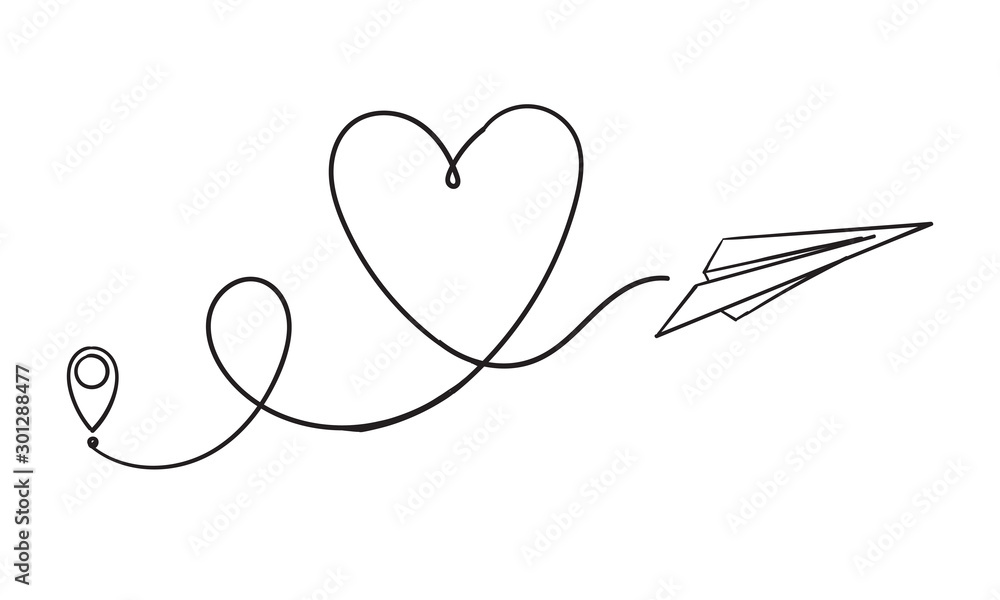 Love airplane route. Romantic travel, heart line trace and plane routes ...