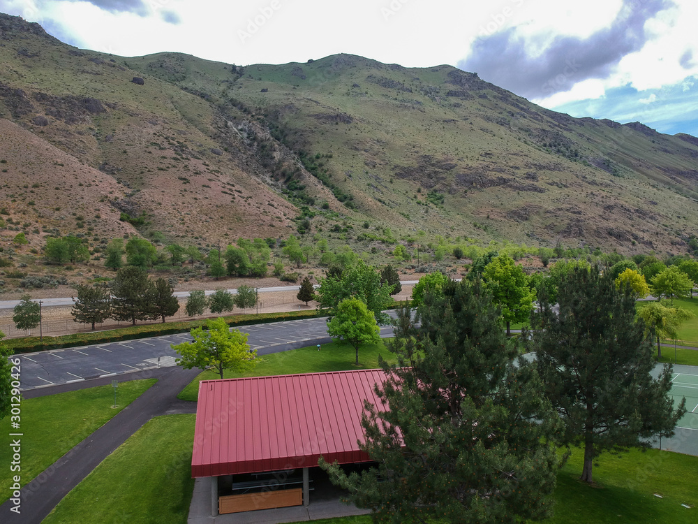Remarkable Aerial Photography of Beebe Bridge Park with a clear blue ...