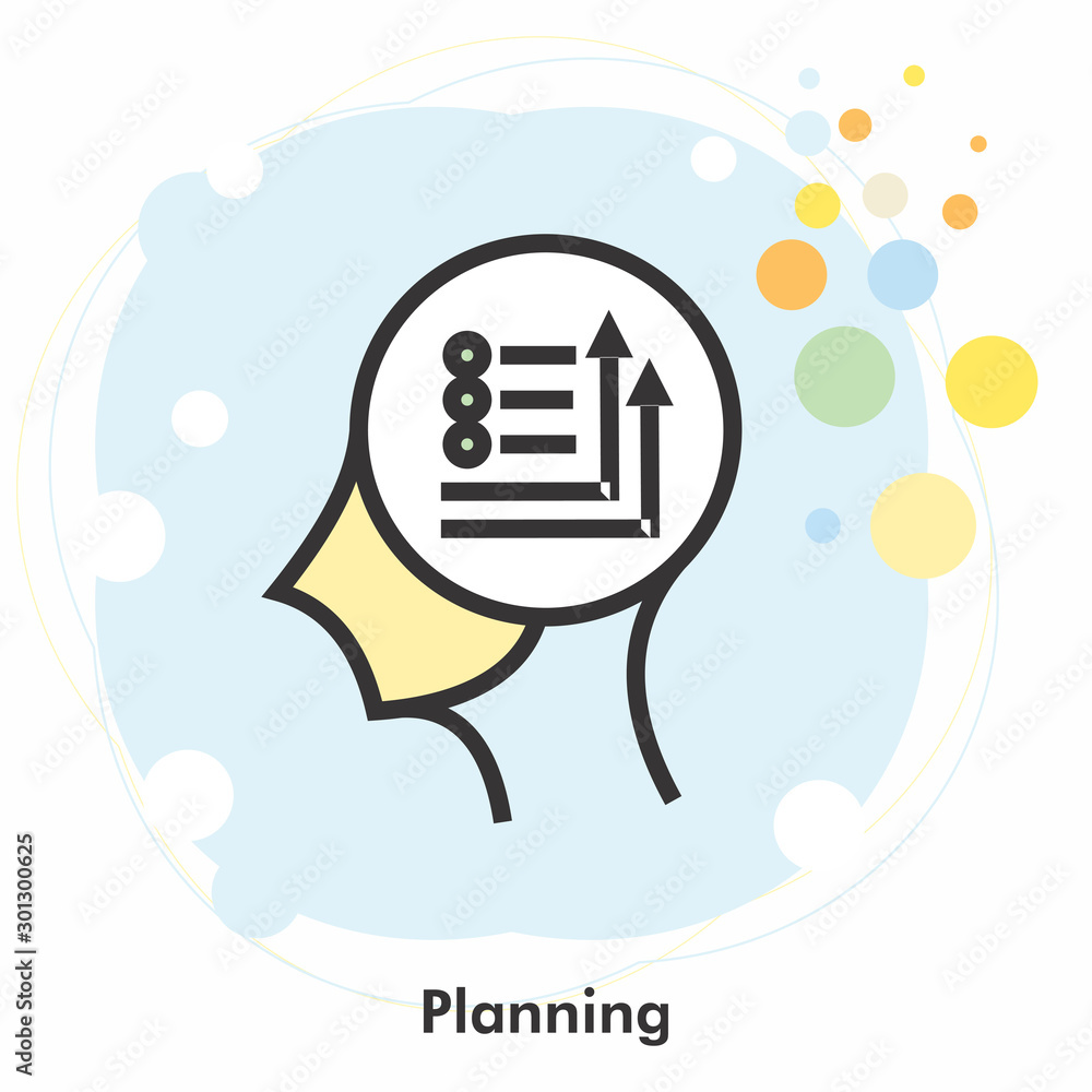 Planning icon concept with arrow lines in the drawing of human brain ...