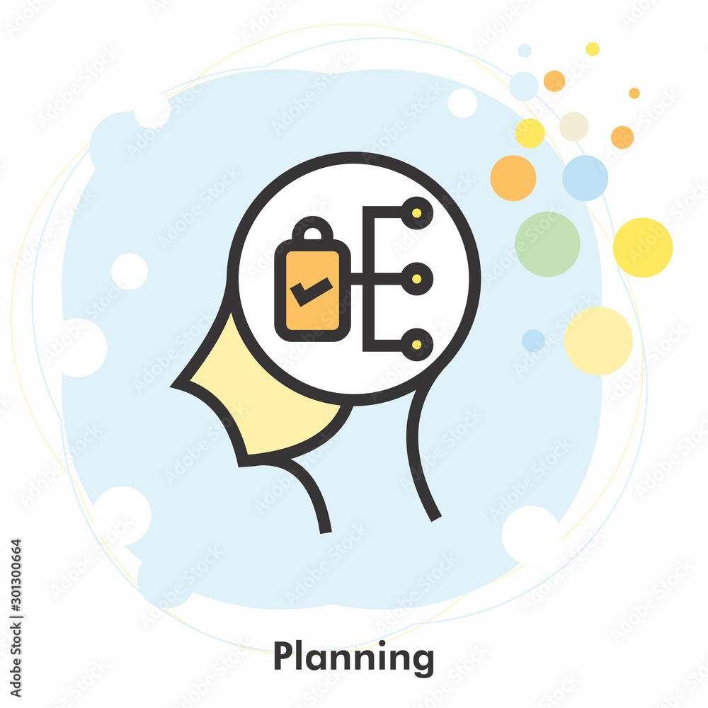 Planning icon concept with arrow lines in the drawing of human brain ...