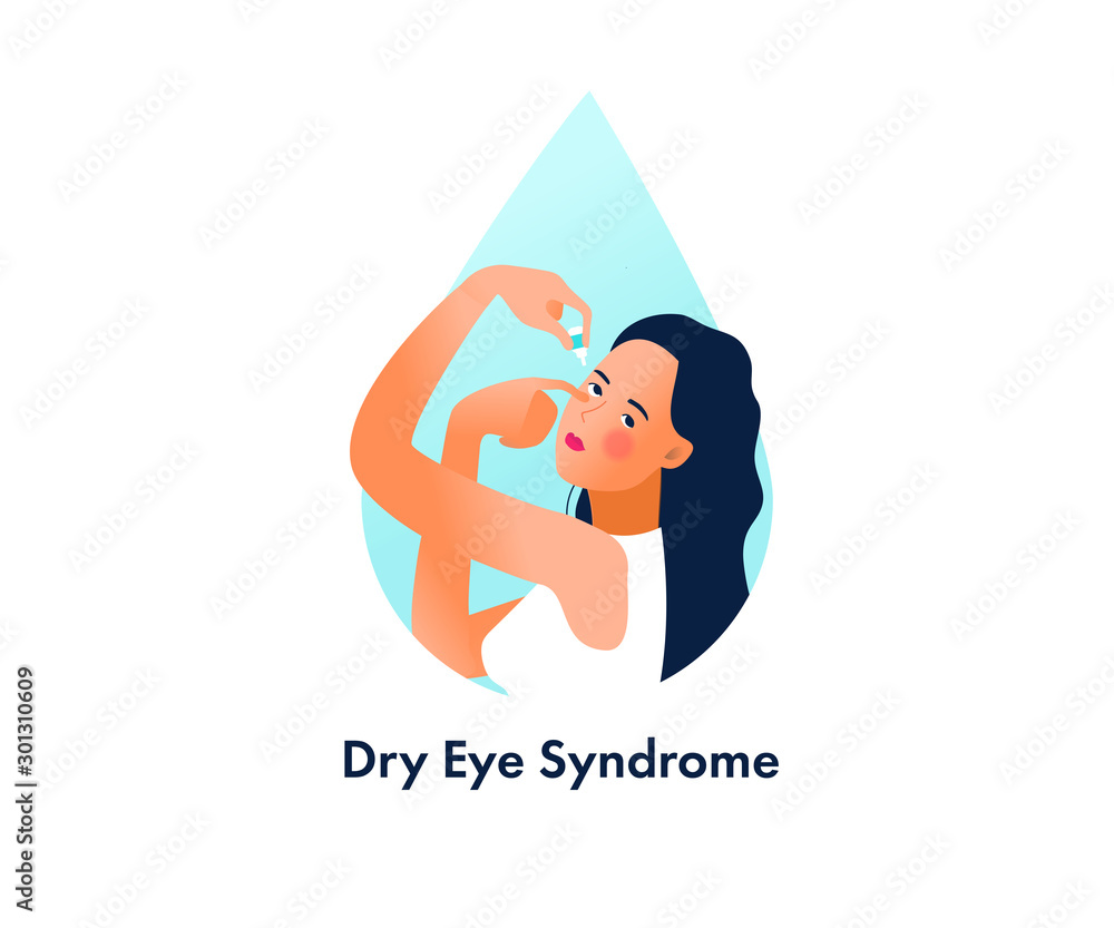 Dry eye syndrome. Eye remedy in drops. Woman or girl hydrating her ...