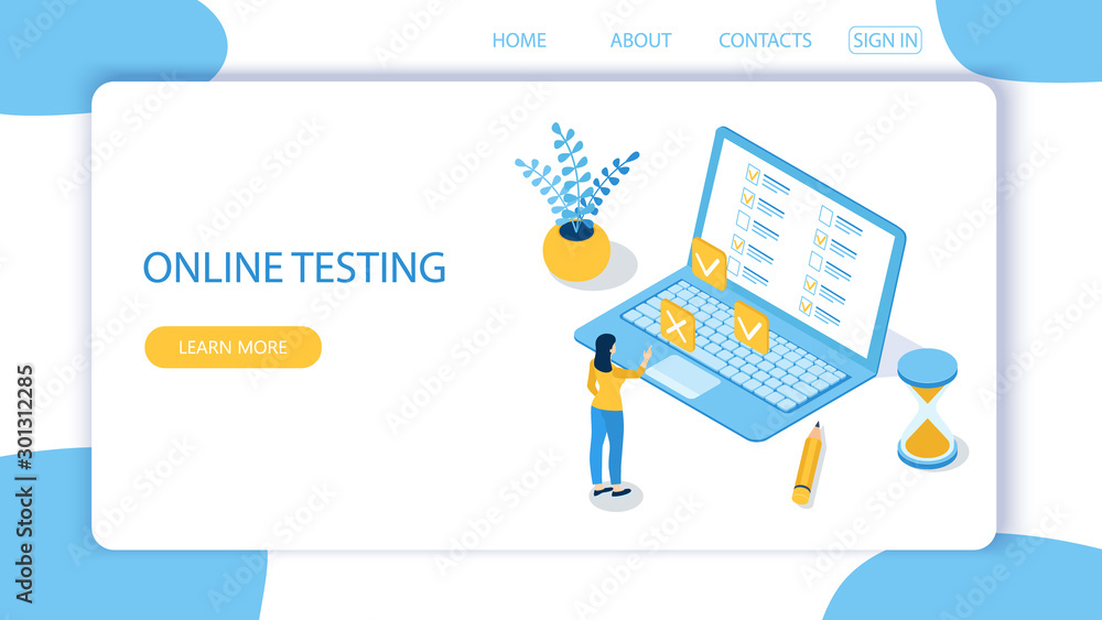 Landing page with design template for online testing. Concept of online ...