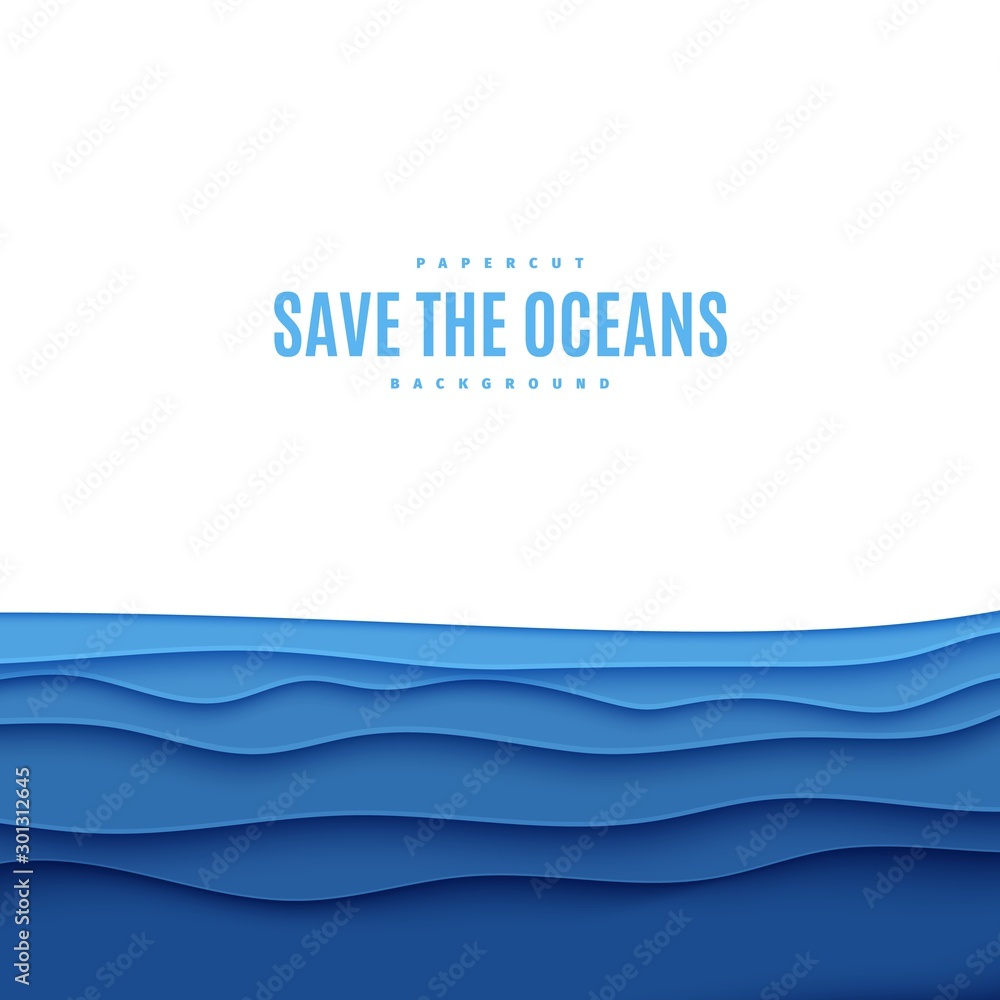 Abstract square background in cut paper style. Cutout blue sea wave ...