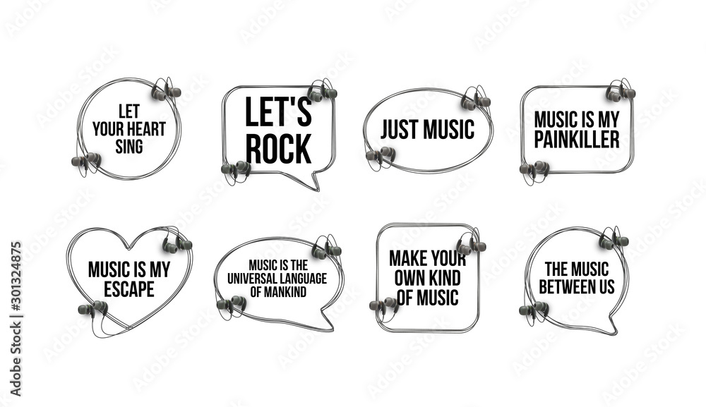 Innovative music quotation template speech bubble set in headphones ...