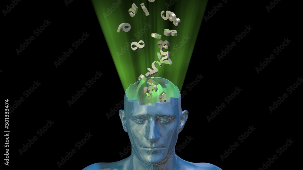 Numbers emitted from human head . Volumetric light rays . Uploading ...