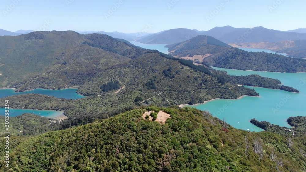 A panoramic aerial view of the marlborough sounds region in New Zealand ...