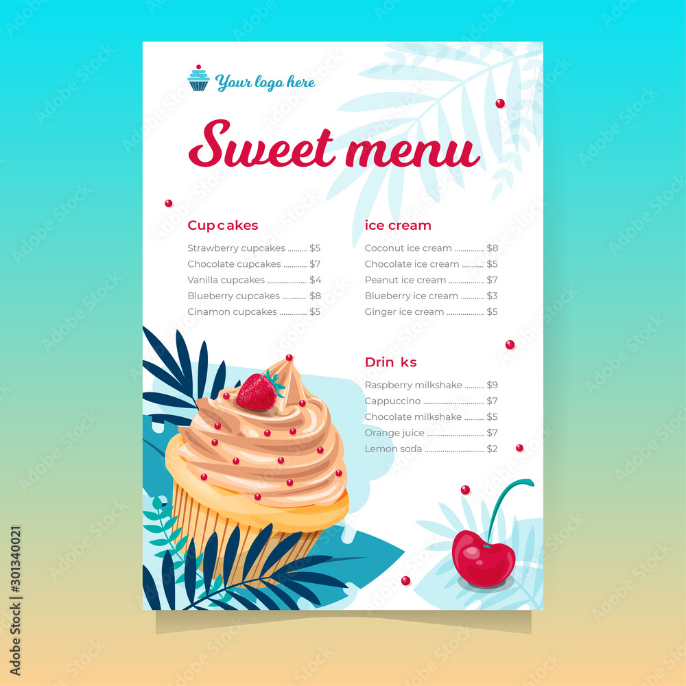 Restaurant sweet menu template with realistic cupcake and tropical ...