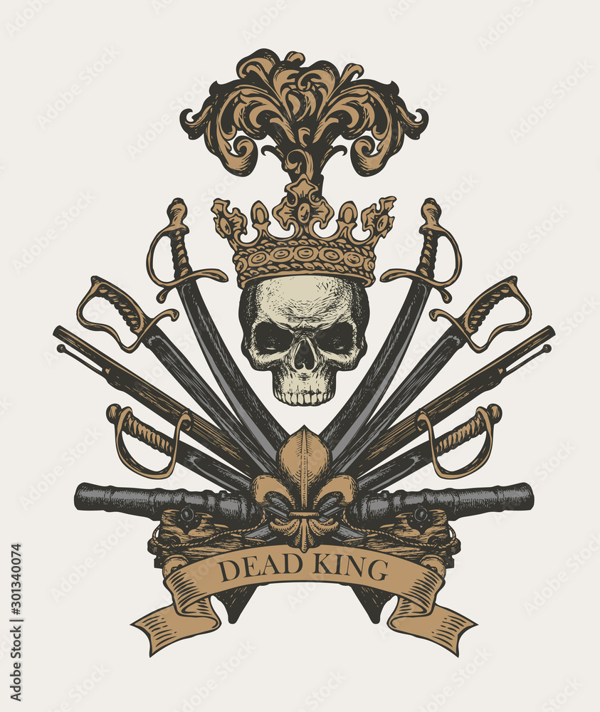 Vector heraldic Coat of arms in vintage style with human skull in crown ...