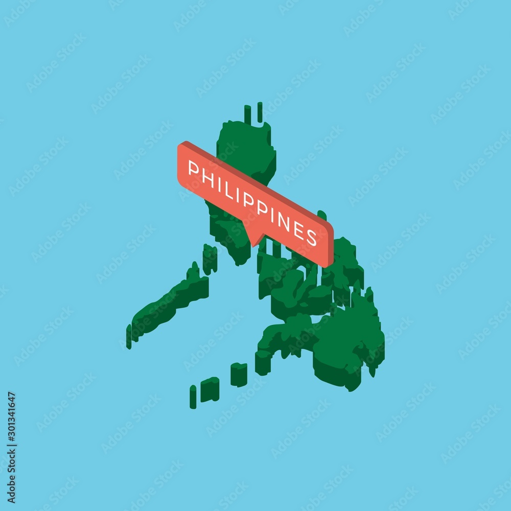 green isometric map of country philippines with pointer on blue ...