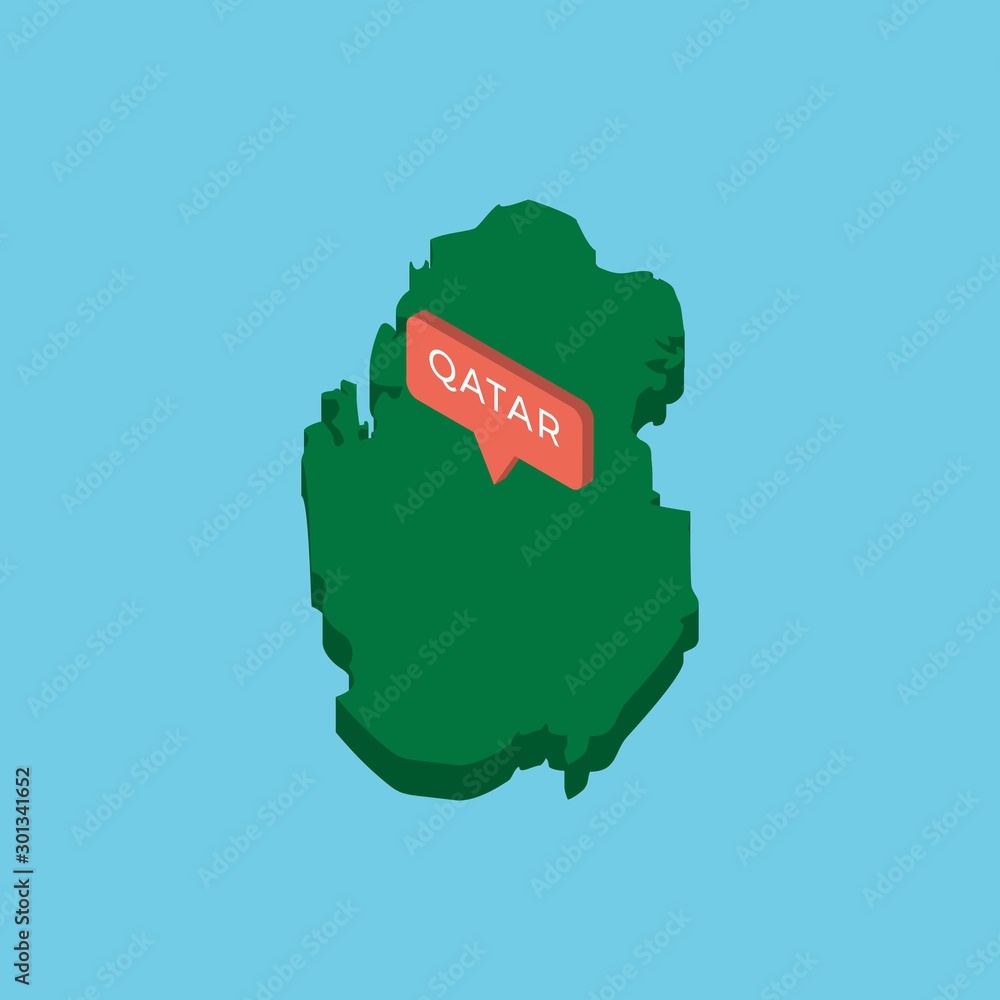 green isometric map of country qatar with pointer on blue background ...