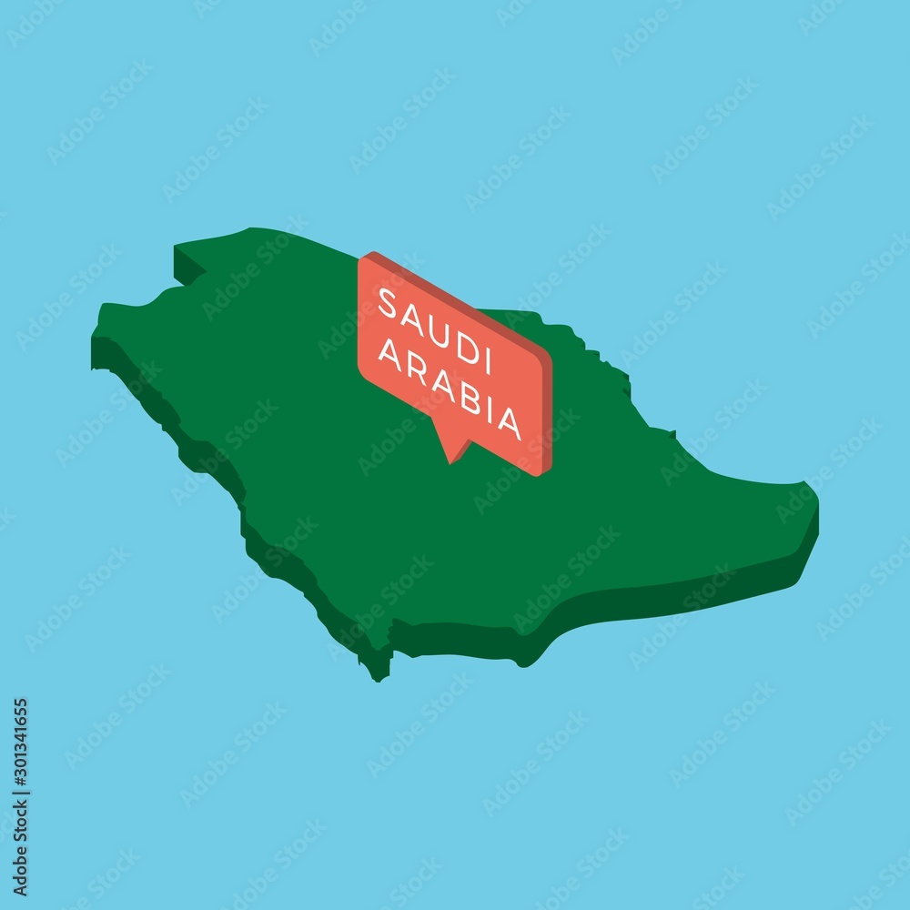 green isometric map of country saudi arabia with pointer on blue ...