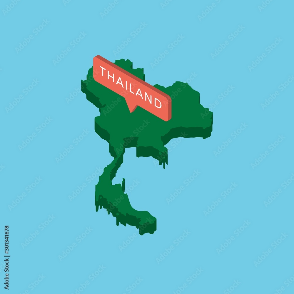 green isometric map of country thailand with pointer on blue background ...
