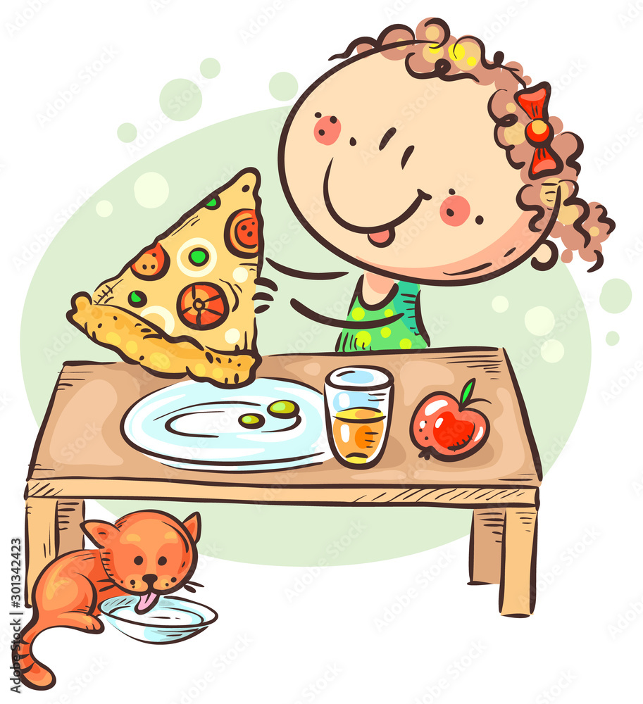 Little girl eating pizza, having a snack or meal Stock Vector | Adobe Stock