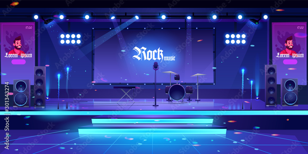 Stage with rock music instruments, popular singer banners, equipment ...