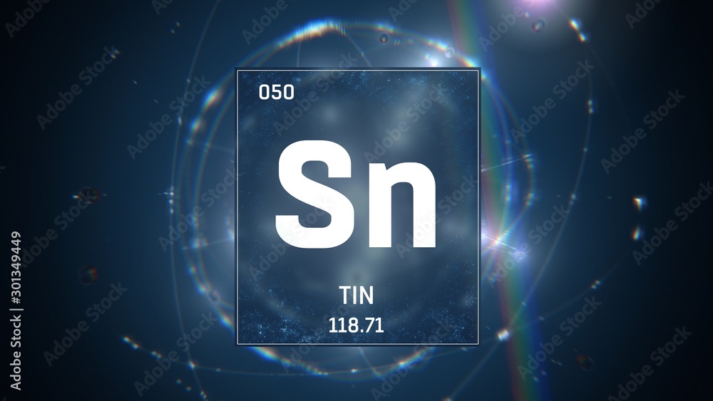 3D illustration of Tin as Element 50 of the Periodic Table. Blue ...