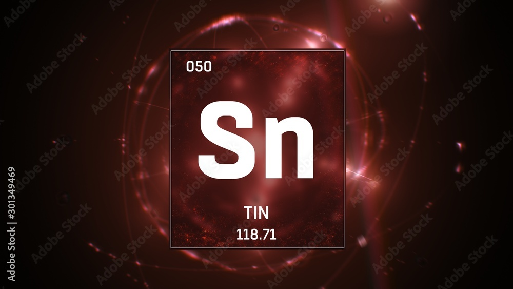 3D illustration of Tin as Element 50 of the Periodic Table. Red ...
