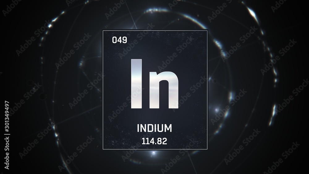 3D illustration of Indium as Element 49 of the Periodic Table. Silver ...