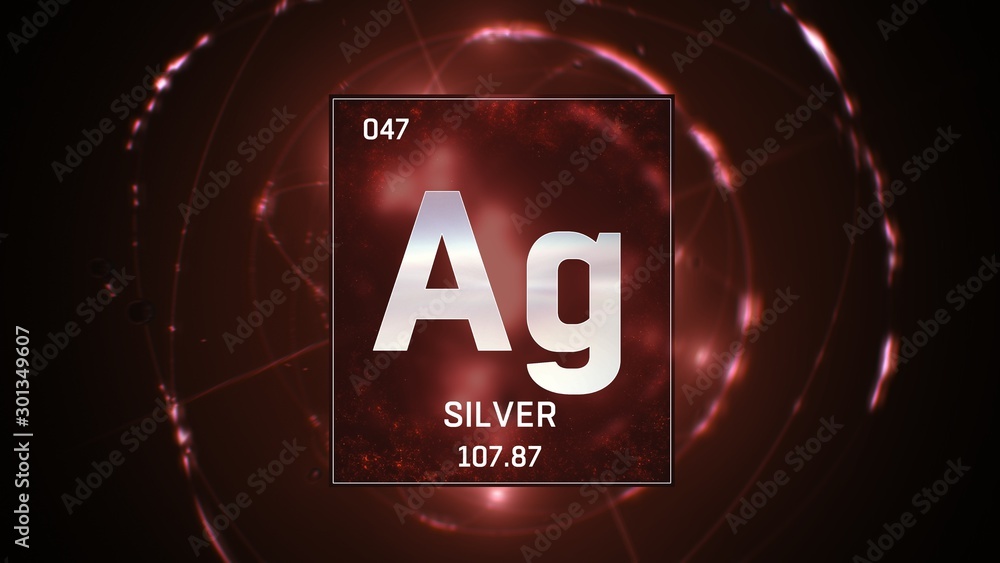 3D illustration of Silver as Element 47 of the Periodic Table. Red ...